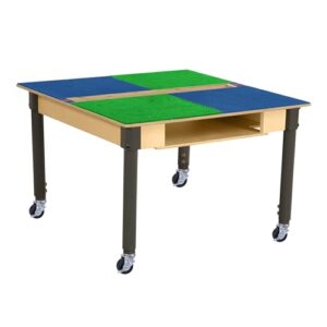 time-2-play play table large 35” x 31” surface birch plywood red & blue montessori lego compatible building blocks table with trough for kids 18”-29” adjustable legs (caster wheels, blue & green)