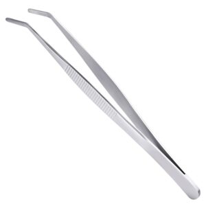 long forceps tweezers, serrated bent tweezers flat tips precision curved science surgical tongs jewelers needle metal sewing sharp small kitchen cooking tweezers with teeth knurled handles (1pcs)