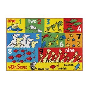 gertmenian kids playroom & game room carpet | dr. seuss rug | children’s novelty bedroom decor, classroom learning carpet | one fish two fish multi-color, 5x7 standard, 48294