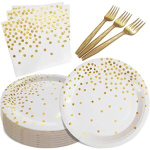 wxldghq white and gold paper plates napkins party supplies,disposable gold dot paper dessert plates,105 pcs birthday plates and napkins party supplies for wedding(serves 35 guests 7")