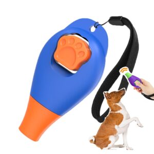 dog training clicker with whistle and wrist strap - positive behavior reinforcer for pets - all ages, puppy and adult dogs - use to reward and train - dog whistle included (blue)