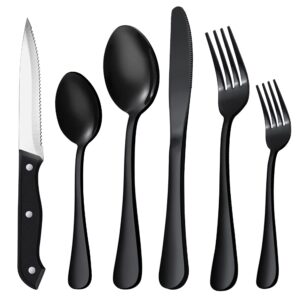 silverware set, 72-piece black silverware set with steak knives stainless steel cutlery set for 12 includes knives forks and spoons kitchen silverware sets for home, mirror polished & dishwasher safe