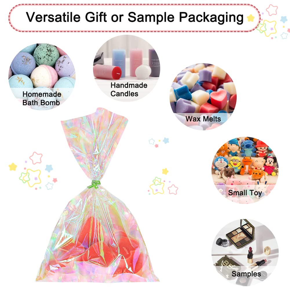 HRX Package 120pcs Iridescent Cellophane Treat Bags with Ties, 6x9 inch Holographic Plastic Goody Bags for Candy Party Favors Small Gifts