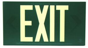 exit sign photoluminescent non-electrical glow in the dark emergency aluminum ul listed. industrial grade green sign 50 feet 10 year warranty