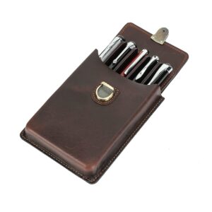 hiram handmade crazy horse cowhide leather pen storage organizer with plug-in brass lock,genuine leather 5 slots molded pen collection display case with removable pen tray-coffee