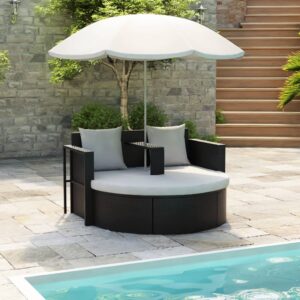 qzzced patio bed with parasol,pool lounge chairs,outdoor chaise lounge,patio lounge chair,outdoor furniture,outdoor garden chair,for pool side,balcony,beach,yard,black poly rattan