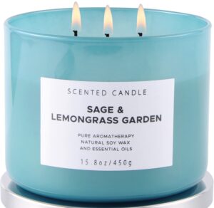 sage lemongrass garden scented candle | refreshing lemongrass candle for house cleansing | natural 3 wick soy candle 15.8 oz | aromatherapy relaxing candle for women & men | clean burn scented candle