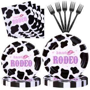 72 pcs cow print party tableware supplies last rodeo girl bachelorette party tableware set include cowgirl print plate napkin fork for baby shower farm animal cow theme party decoration serve 16 guest