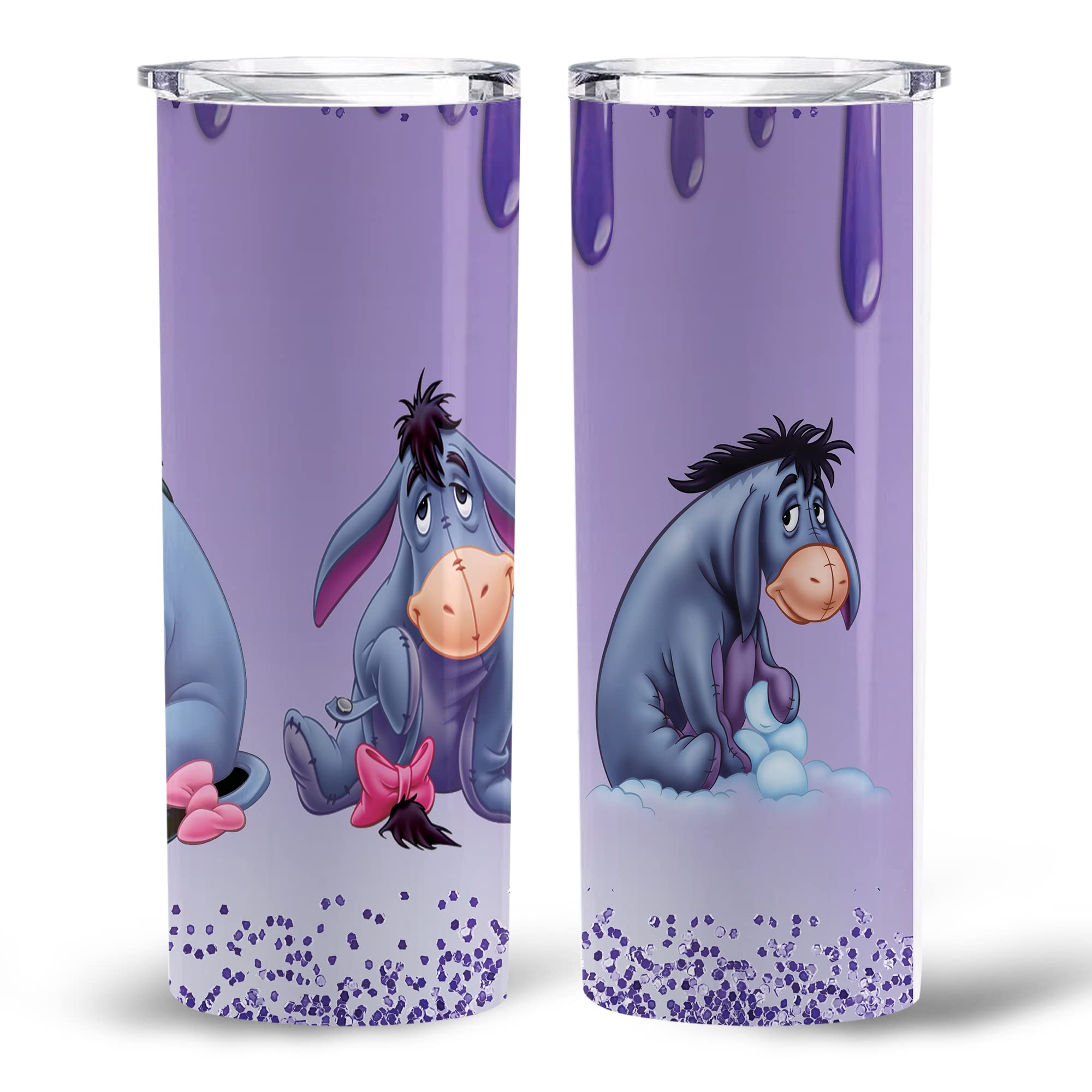 PROCHOICE Eeyore Purple Glitter Bear The Pooh Cartoon Tumbler Stainless Steel Vacuum Insulated Skinny Tumbler 20oz, Thermal Coffee Cup Travel Tea Mug Gift For Friends