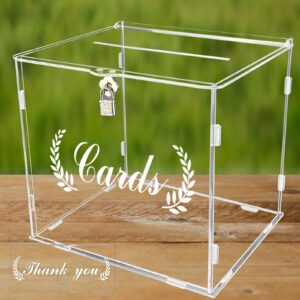 fcdecor acrylic wedding card box with lock, clear card boxes for wedding reception with ear of wheat sign for honey moon fund wedding decor, baby showers, birthdays, bridal, graduation party supplies