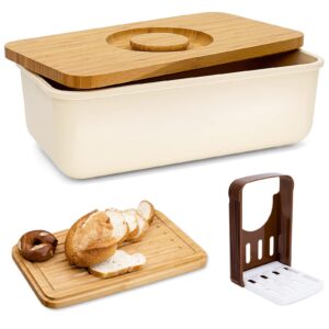 triiter bread box with bamboo wood cutting board lid & bread slicer holder, rectangular cream color bread container for kitchen countertop, 14.8 x 8.4 x 5.3in, bread storage container