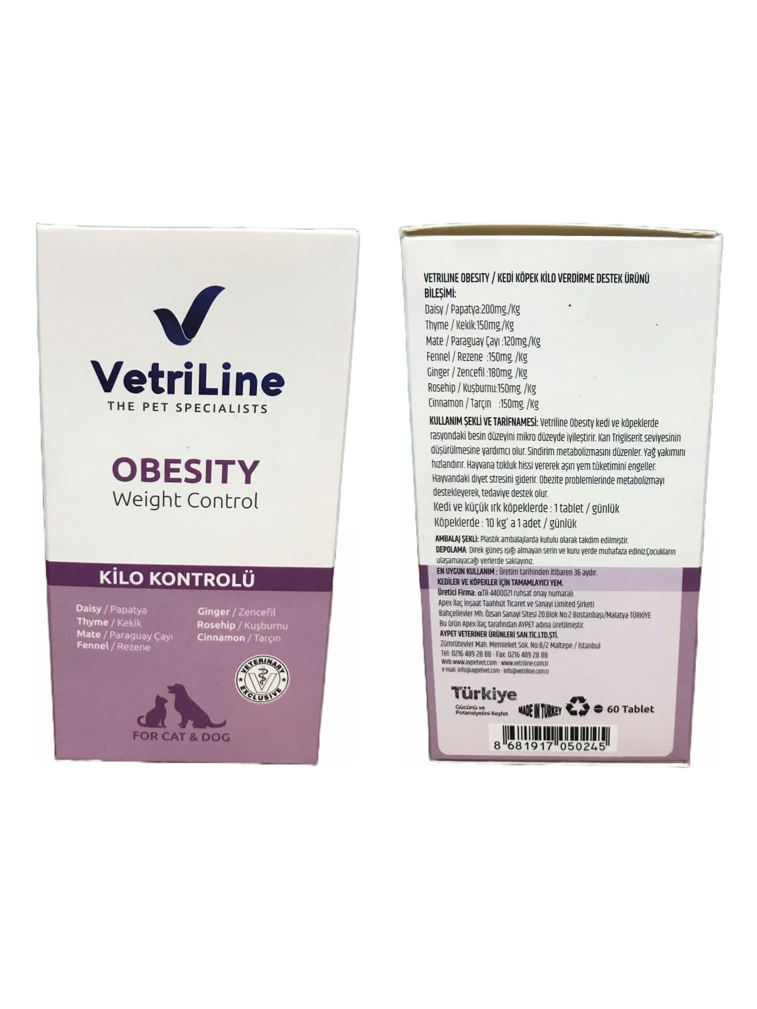 vetriline Obesity Tablet, for Cats and Dogs Weight Control Support Supplies, 60 Pcs in 1 Box, Cat Weight Control,Dog Obesity