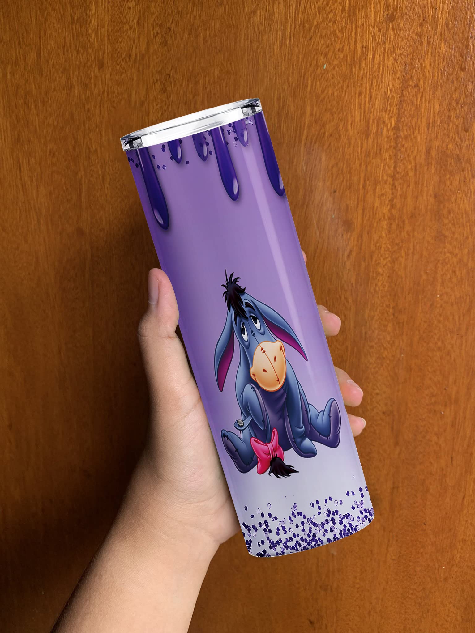 PROCHOICE Eeyore Purple Glitter Bear The Pooh Cartoon Tumbler Stainless Steel Vacuum Insulated Skinny Tumbler 20oz, Thermal Coffee Cup Travel Tea Mug Gift For Friends