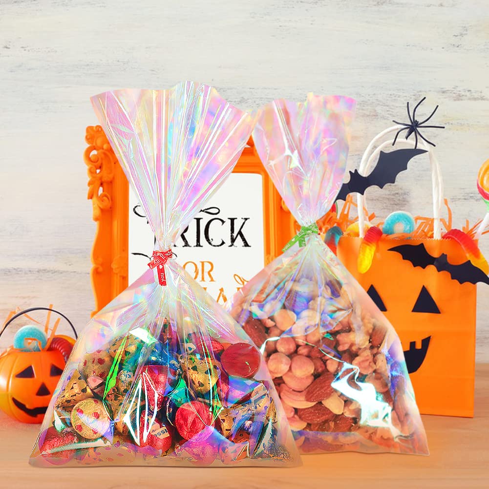 HRX Package 120pcs Iridescent Cellophane Treat Bags with Ties, 6x9 inch Holographic Plastic Goody Bags for Candy Party Favors Small Gifts