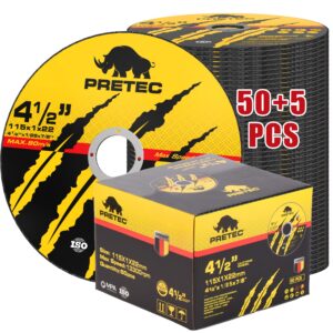 cut off wheels 4-1/2", pretec 50+5 pack metal cutting wheel,thin 4.5” metal & stainless steel fast cutting discs for angle grinder - 7/8" arbor hole