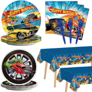 98 pieces racing car party decorations hot car tableware set racing car plates napkins tablecloth party supplies kit for kids boys racing birthday table cover dinnerware party favors 24 guests