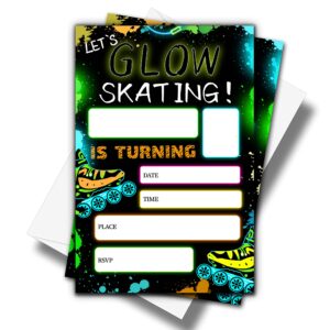 ondtom glow skating birthday party invitations with envelopes (4" x 6") - 20 pack - neon glow roller skating party invites-c47