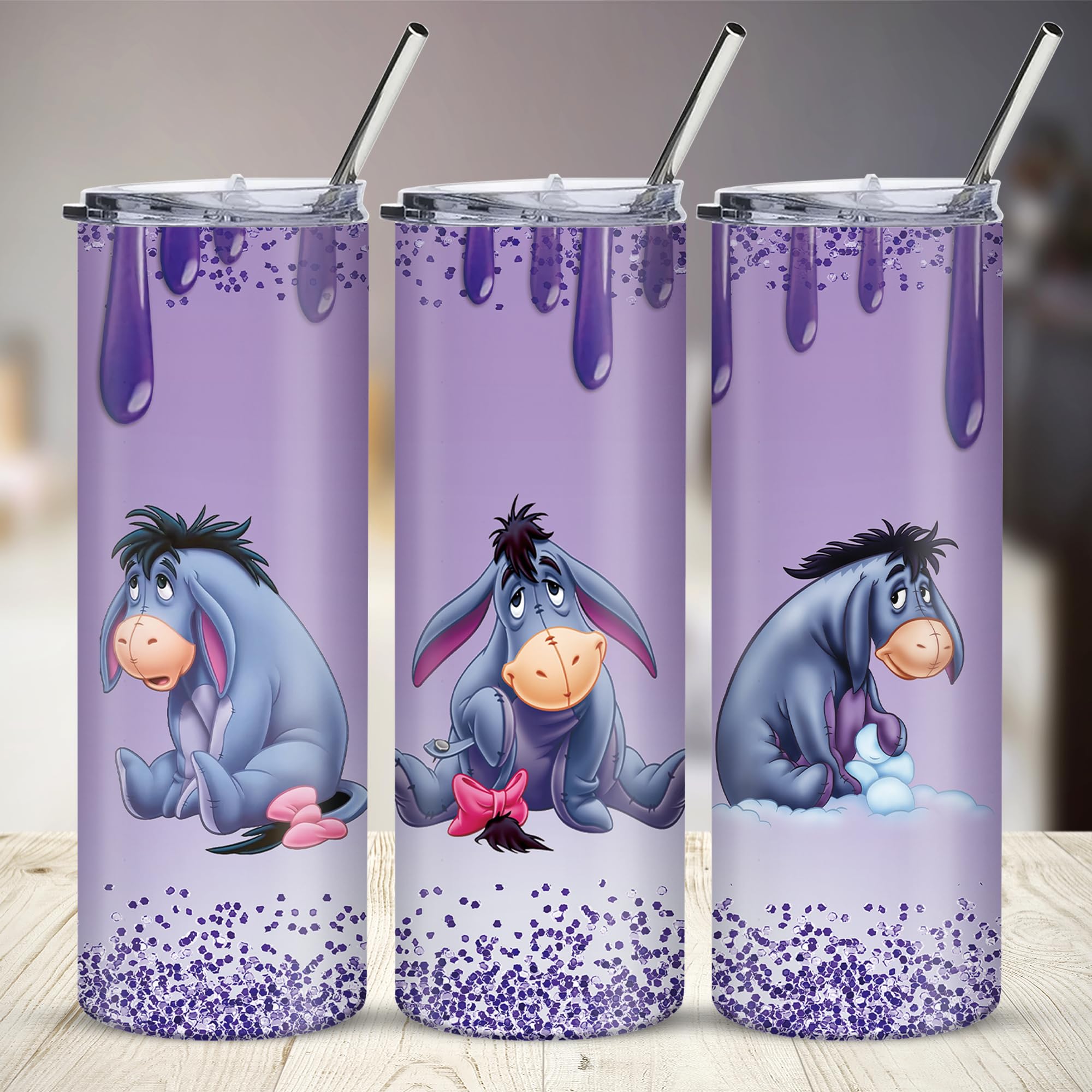 PROCHOICE Eeyore Purple Glitter Bear The Pooh Cartoon Tumbler Stainless Steel Vacuum Insulated Skinny Tumbler 20oz, Thermal Coffee Cup Travel Tea Mug Gift For Friends