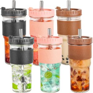 claplante 6 pack glass tumbler set, 24oz bubble tea cups with lid, silicone sleeve & wide straws, reusable leakproof mason jar drinking glasses for smoothie, iced coffee