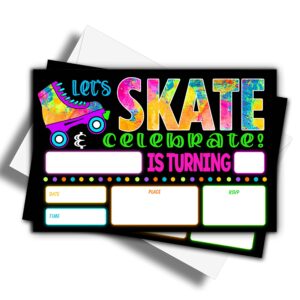 ondtom tie dye roller skating birthday party invitations with envelopes(4" x 6")- 20 pack - teenager skate party invites-c19