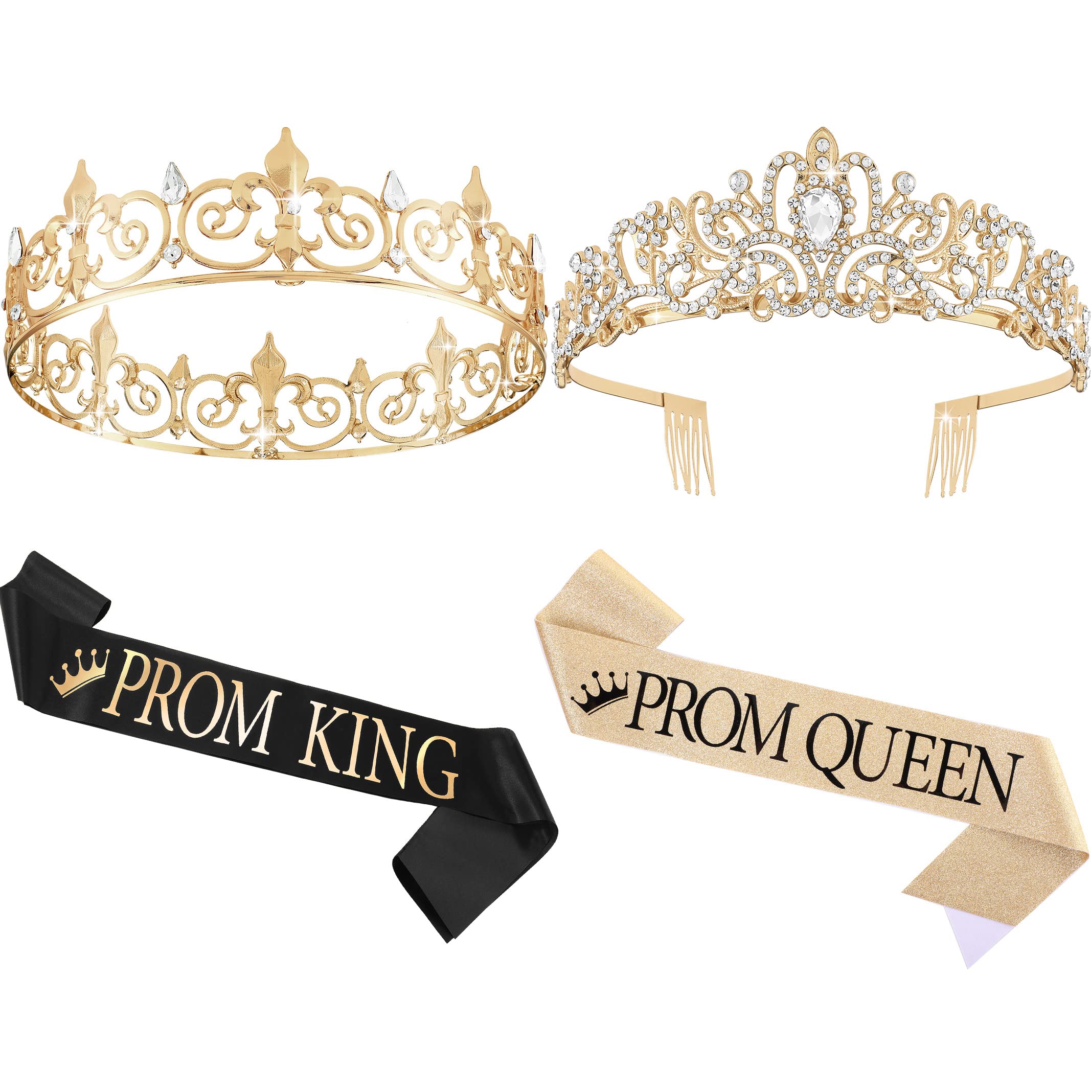 Lyrow 4 Pcs Halloween Prom Crowns and Sashes Set Graduation Prom King and Queen Tiara Sash for Party Favors Women Wedding Birthday Party(Black, Gold)