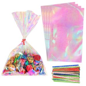 hrx package 120pcs iridescent cellophane treat bags with ties, 6x9 inch holographic plastic goody bags for candy party favors small gifts