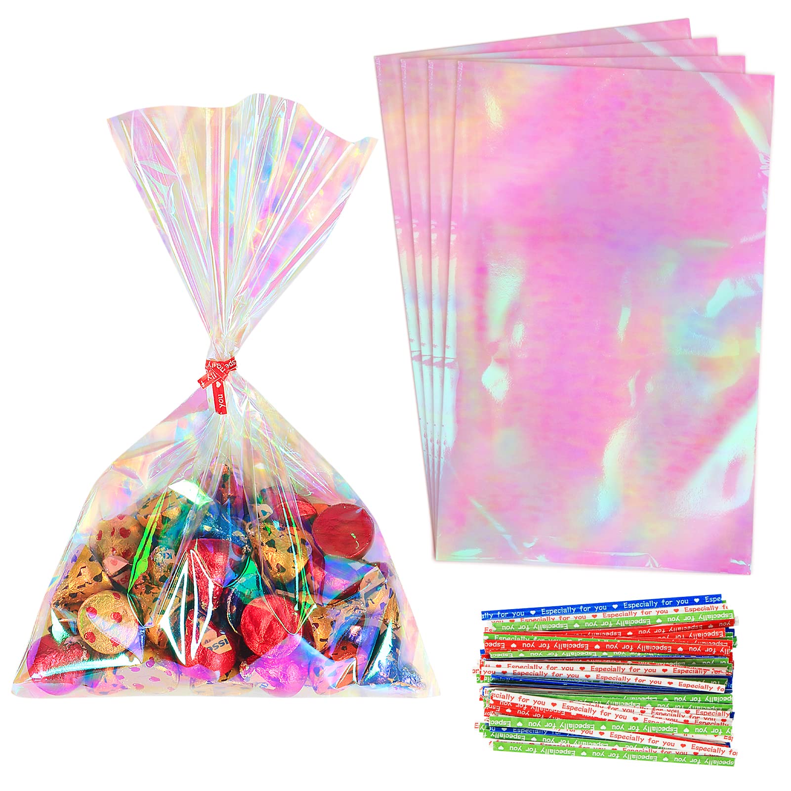 HRX Package 120pcs Iridescent Cellophane Treat Bags with Ties, 6x9 inch Holographic Plastic Goody Bags for Candy Party Favors Small Gifts