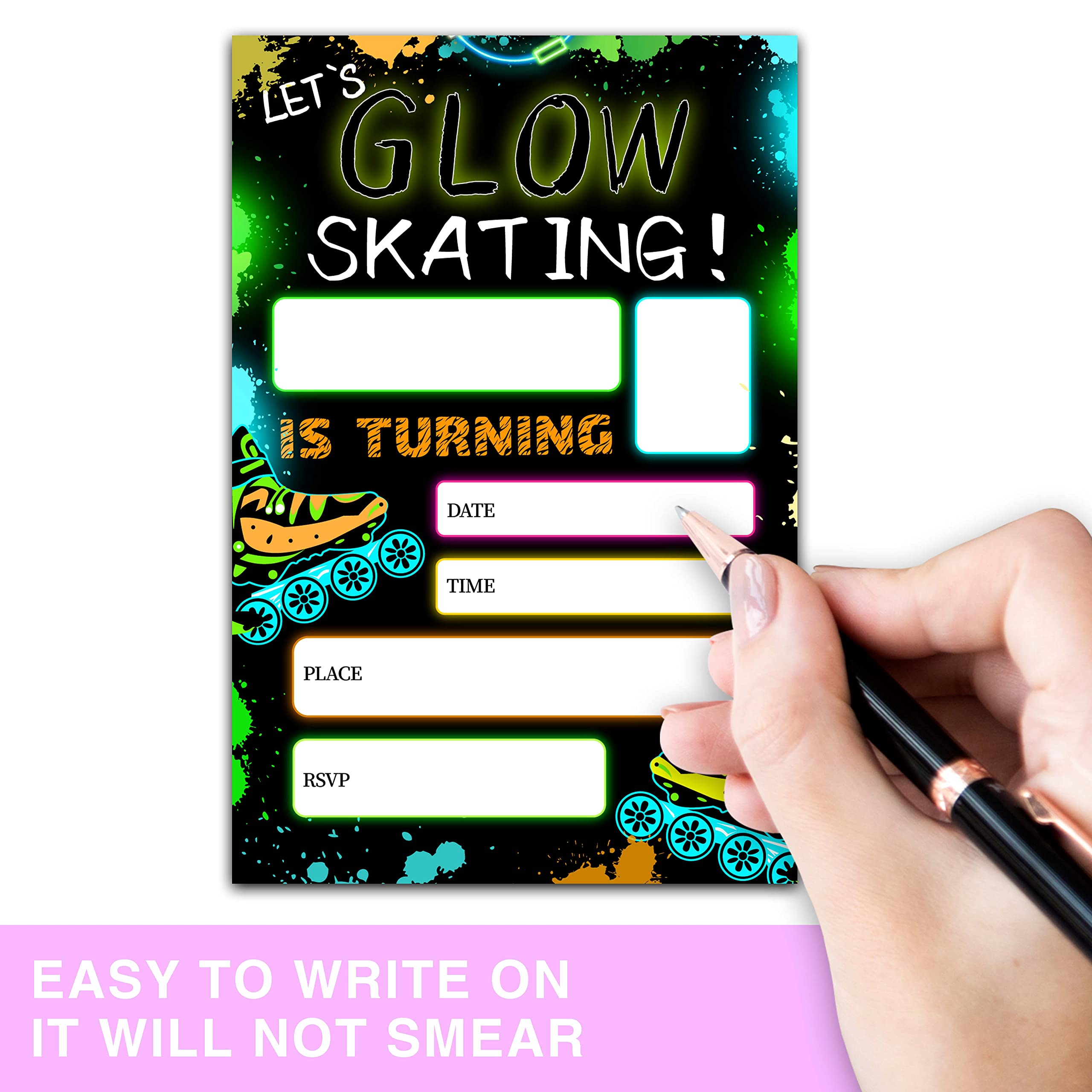 ONDTOM Glow Skating Birthday Party Invitations With Envelopes (4" x 6") - 20 Pack - Neon Glow Roller Skating Party Invites-c47