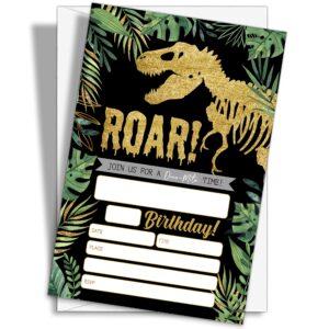 yqv gold dinosaur birthday party invitations, 20-count jungle birthday party invites with envelopes-hbyqk-b44