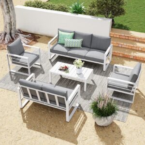 patiorama aluminum patio furniture set, 5 pcs modern patio conversation set, all weather white outdoor sectional sofa set w/coffee table, patio seating set, olefin cushion, garden-grey cushion