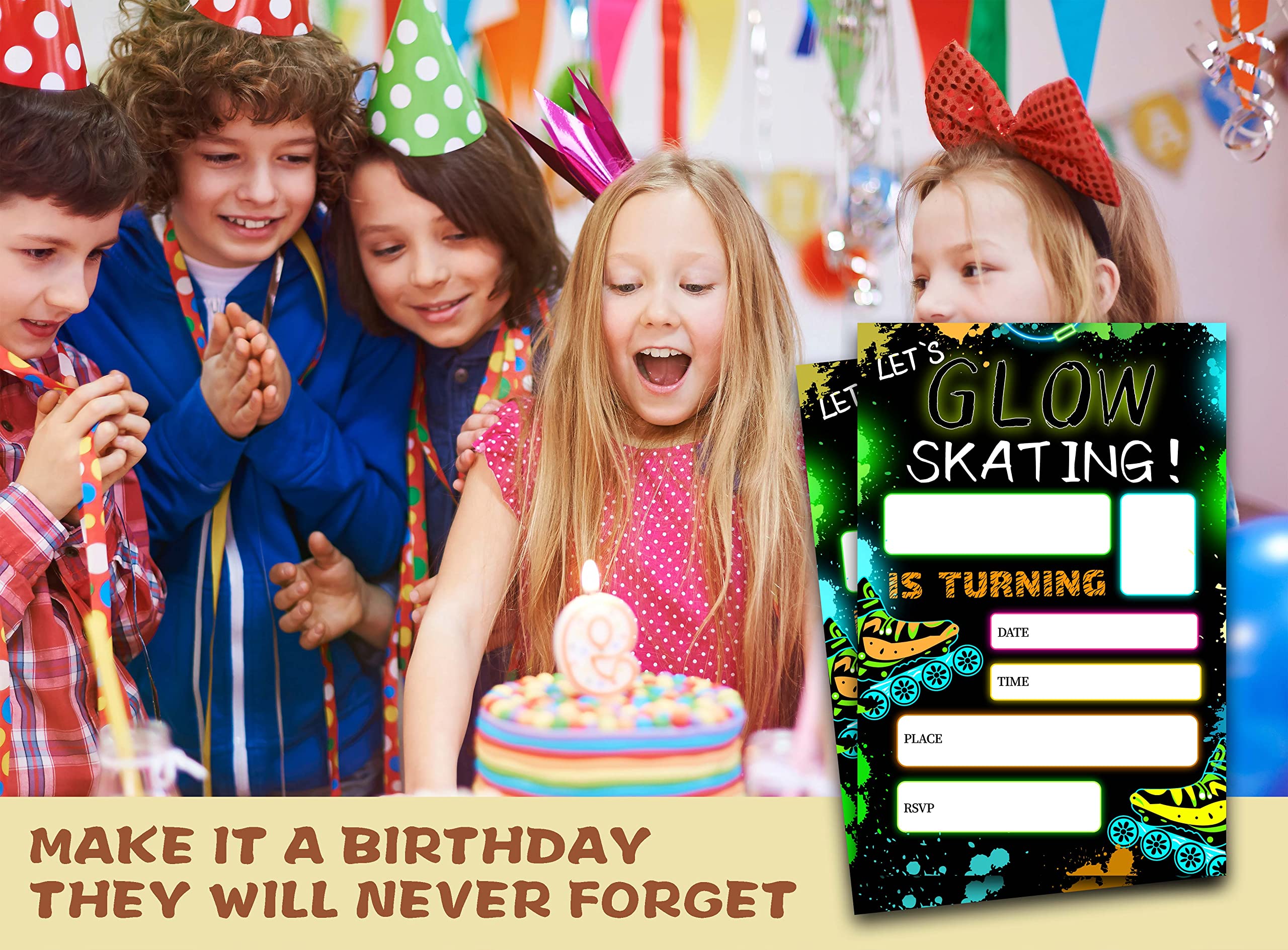 ONDTOM Glow Skating Birthday Party Invitations With Envelopes (4" x 6") - 20 Pack - Neon Glow Roller Skating Party Invites-c47