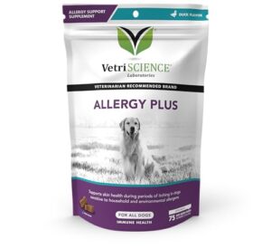 vetriscience allergy plus immune support supplement for dogs, duck flavor, 75 chews – probiotic allergy relief for dogs with itchy skin, paw licking, watery eyes, sneezing and gi support