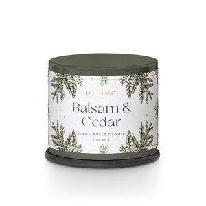 illume demi vanity tin candle, balsam & cedar, signature 3 oz.