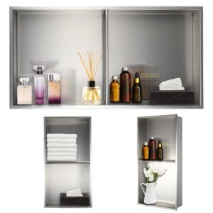 stainless steel shower niche 24" x 12",no tile needed wall niche double shelves,recessed niche shower shelf for bathroom storage