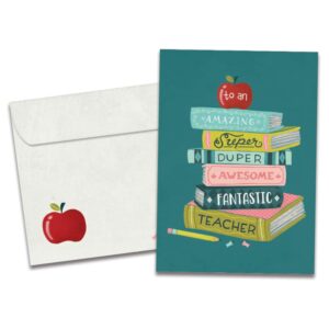 tree-free greetings teacher appreciation cards - artful designs - 1 card + matching envelopes - made in usa - 100% recycled paper - 5"x7" - lighthearted, for teacher, awesome fantastic teacher (go64426)