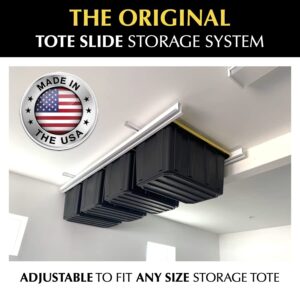 E-Z Garage Storage Tote Slide Overhead Garage Storage Rack - Ceiling Tote Slide Holds Up to 5 Tote Bins, Garage Ceiling Storage Racks with Adjustable Rails - 150-Pound Distributed Weight Capacity