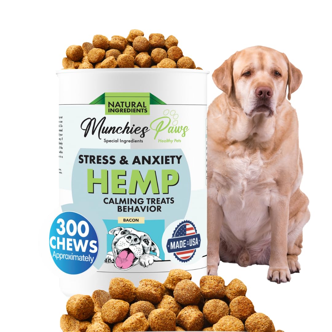 Munchies Paws Dog Treats Stress Relief Made in USA Stress and Anxiety Organic Hemp 300 Count (Bacon)