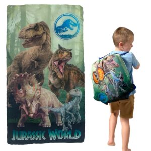 jurassic world kids soft lightweight 2 piece sleeping/slumber bag and sling bag set, 46"(l) x 26"(w), (official licensed jurassic world product) by franco