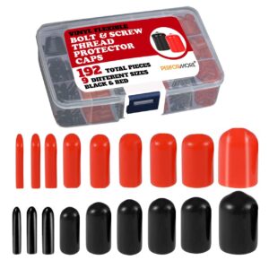 performore 192 pieces rubber end caps - screw cap covers - thread protector - rubber tips - red & black vinyl flexible bolt & screw thread protector caps 9 sizes in plastic case