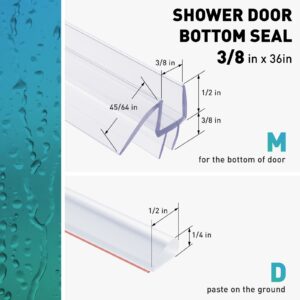 FCSOTSPS Shower Door Bottom Seal, 2 PCS 3/8" x 36" Shower Door Sweep for 3/8 Inch Glass, Frameless Glass Shower Door Seal Strip - Stop Shower Leaks and Create a Water Barrier