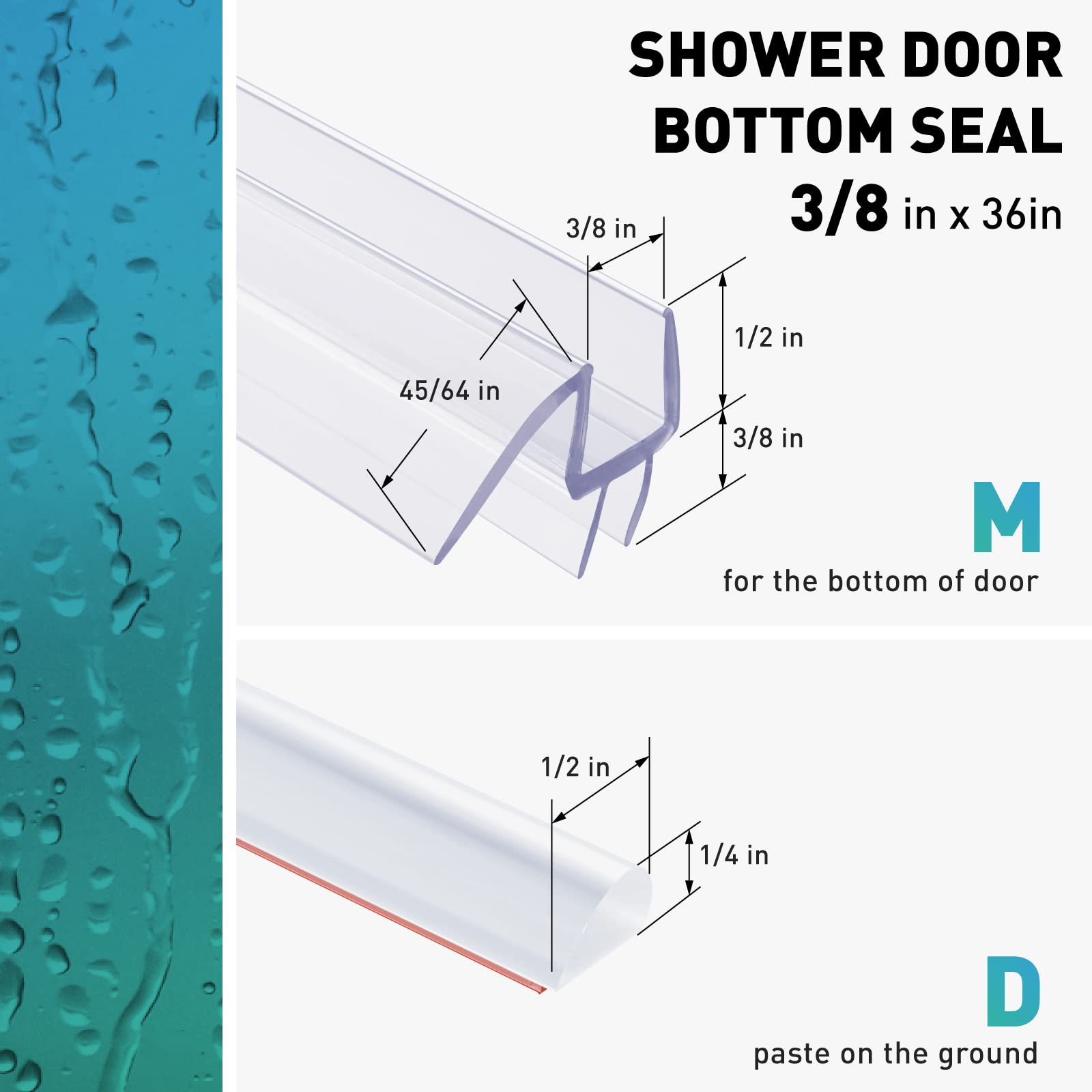 FCSOTSPS Shower Door Bottom Seal, 2 PCS 3/8" x 36" Shower Door Sweep for 3/8 Inch Glass, Frameless Glass Shower Door Seal Strip - Stop Shower Leaks and Create a Water Barrier