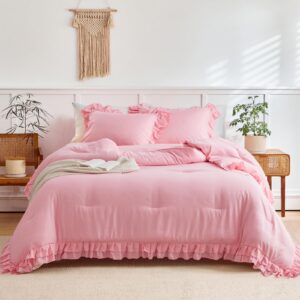 pink ruffled comforter set twin size, 3 pieces (1 ruffled comforter and 2 pillowcases) farmhouse shabby chic style with 2 layers ruffle, solid color lightweight soft fluffy bedding sets for girls