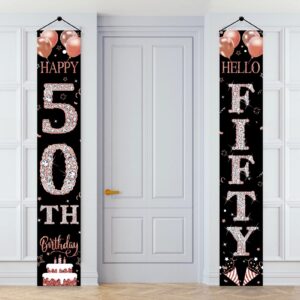 aodocuto 50th birthday door banner decorations for women, rose gold happy 50th birthday hello fifty porch sign party supplies, 50 year old bday for indoor outdoor