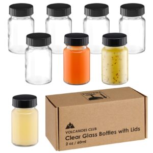 volcanoes club 2oz glass jars with lids - glass shot bottles set for liquids, juicing, ginger shot, sample - small containers with screw caps - clear mini round bottles - leakproof/wide mouth - 8 pack