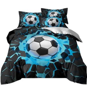 blue soccer duvet cover set queen, 3 pieces reversible sports soccer pattern bedding set for soccer fans kids teens boys, soft microfiber sports theme duvet cover queen 90"x90"(no comforter)