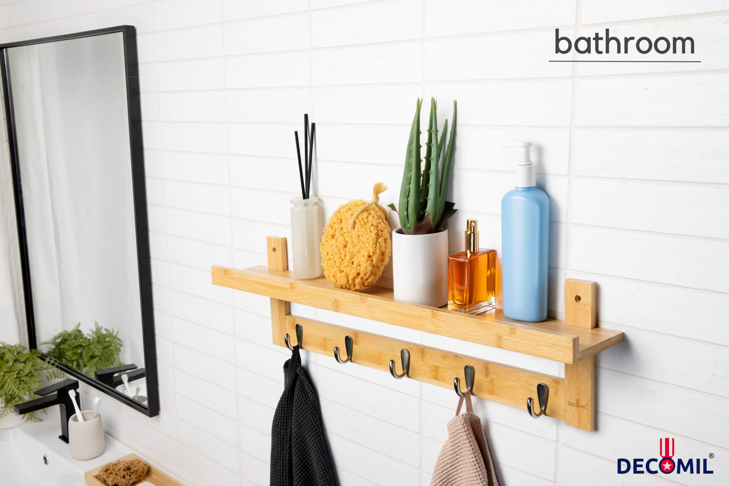 DECOMIL - Coat Rack with Shelf, Bamboo Coat Rack, Coat Rack Wall Mount, Coat Hanger with Shelf