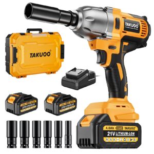 takuoo cordless 1/2 inch brushless impact wrench, max torque (1000n.m) 740ft-lbs electric impact gun w/2x 4000mah battery, charger & 6 sockets, power impact driver for car home