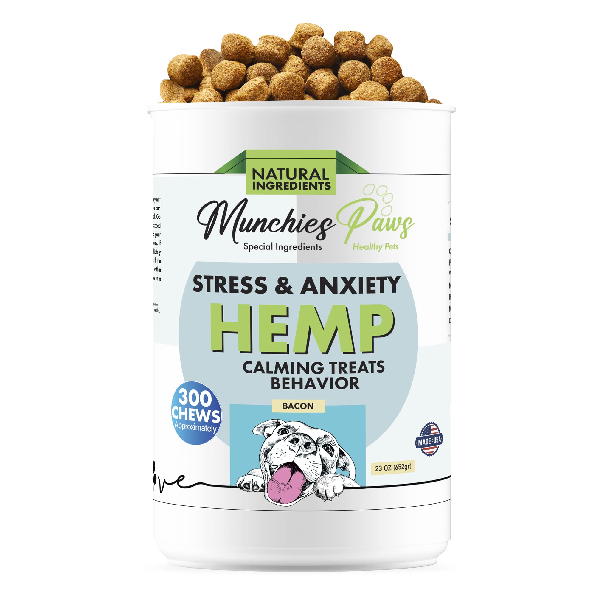 Munchies Paws Dog Treats Stress Relief Made in USA Stress and Anxiety Organic Hemp 300 Count (Bacon)