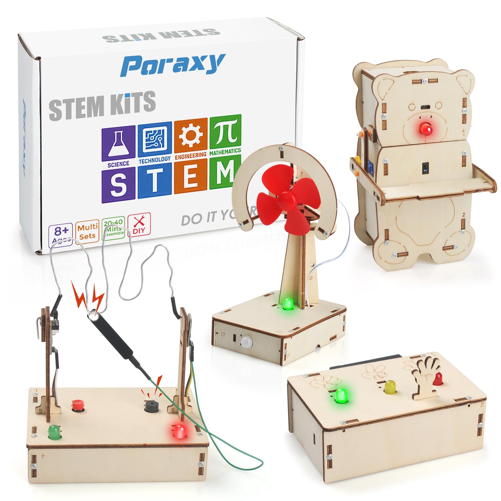 Poraxy STEM Science Kits for Kids Ages 8-12, 4 in 1 Robotics Engineering Starter Kit with Sensors, Wooden 3D Puzzles Building Kits, Smart Robot Toys, Gifts for 8 9 10 11 12 13 Year Old Boys and Girls