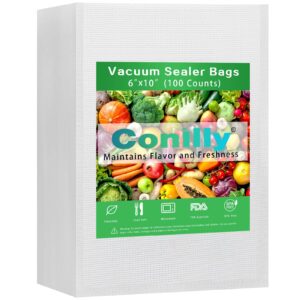 conilly vacuum sealer bags,100 quart size 6" x 10" commercial grade sealer bag, bpa free, heavy duty, puncture prevention, great for food storage, meal prep or sous vide cooking